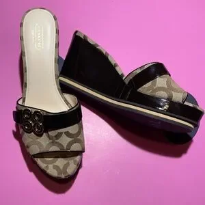 Coach | Shoes | Coach Geri Signature Brown Canvas Patent Leather Wedge ...